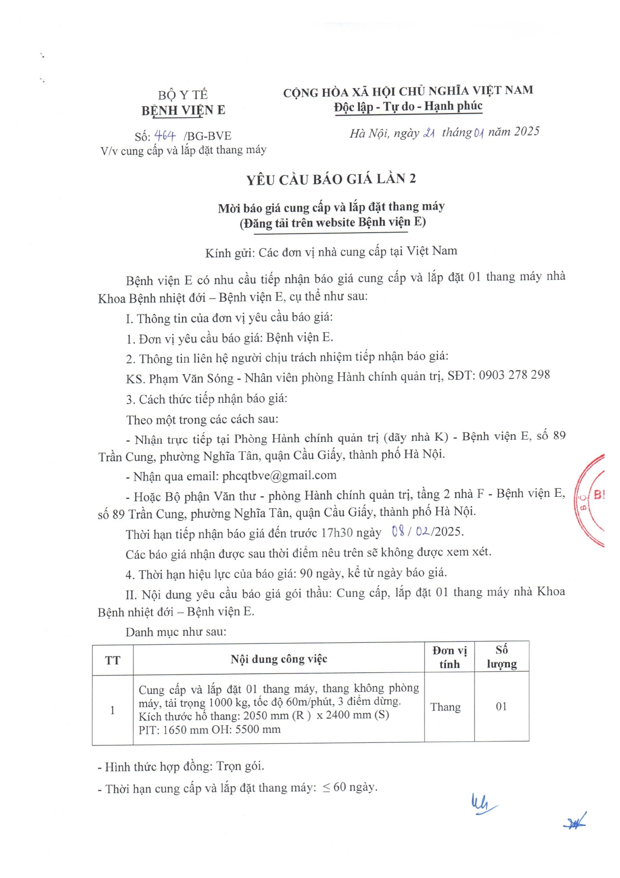 BỆNH VIỆN E - THƯ MỜI BÁO GIÁ SỐ 464/BG-BVE
